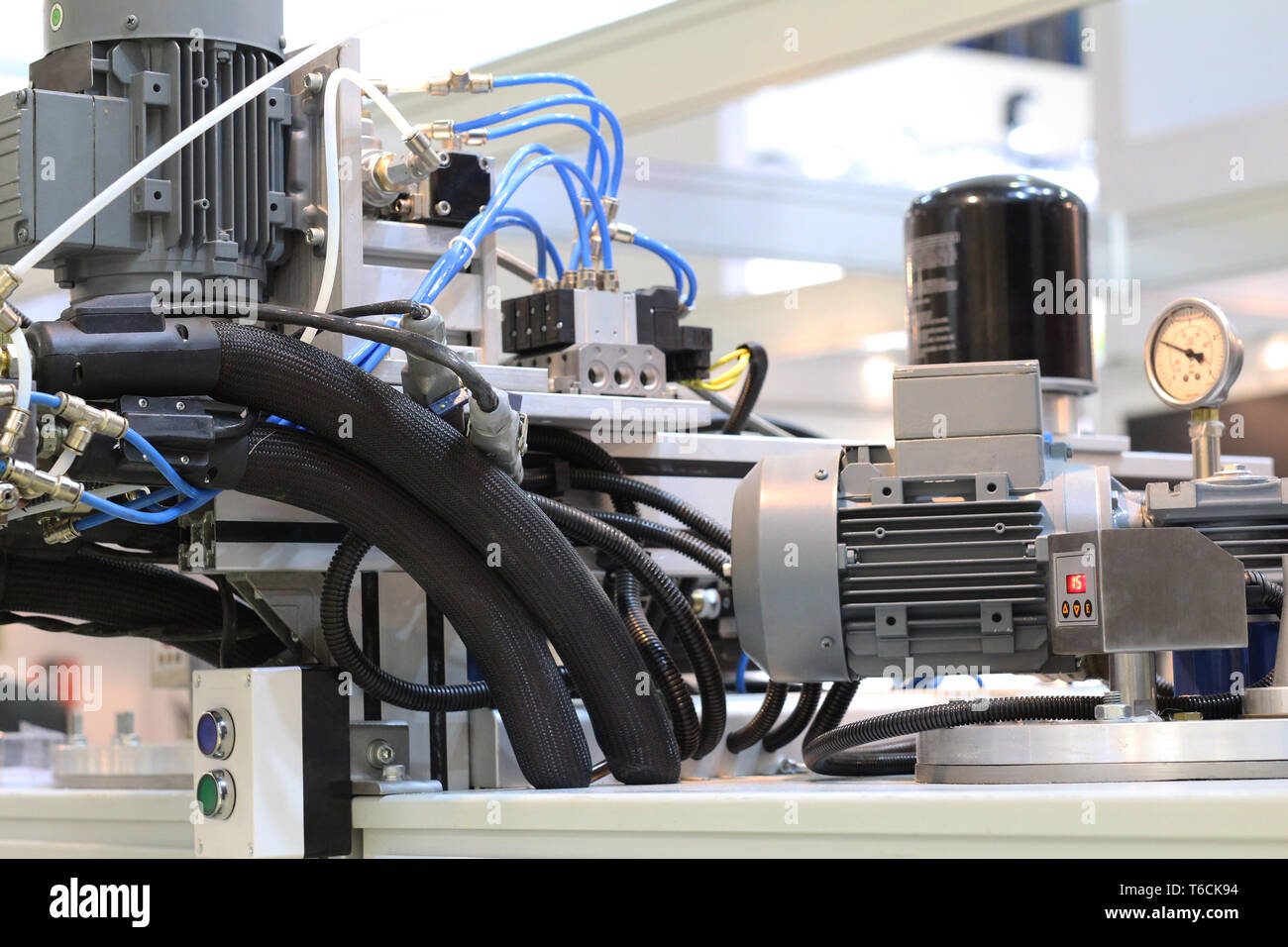 Factory equipment. Many wires, compressors. Industrial Automotive Plant ...