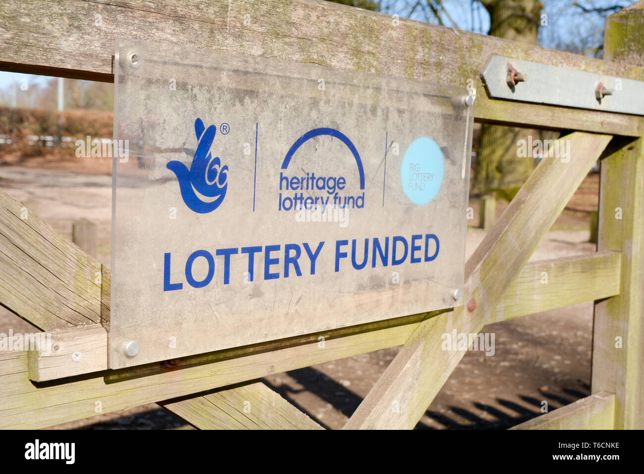 Heritage Lottery Fund - Lottery Funded sign on gate Stock Photo - Alamy