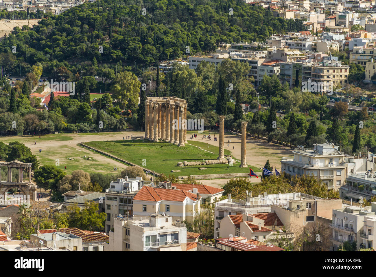 City scape of Athens in Greece, with Temple of Olympian Zeus from the ...