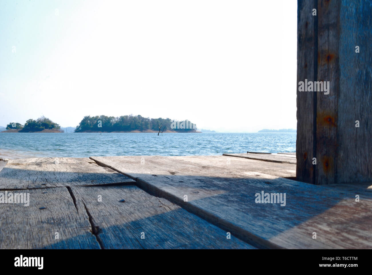 Wooden table top by the lake Stock Photo - Alamy