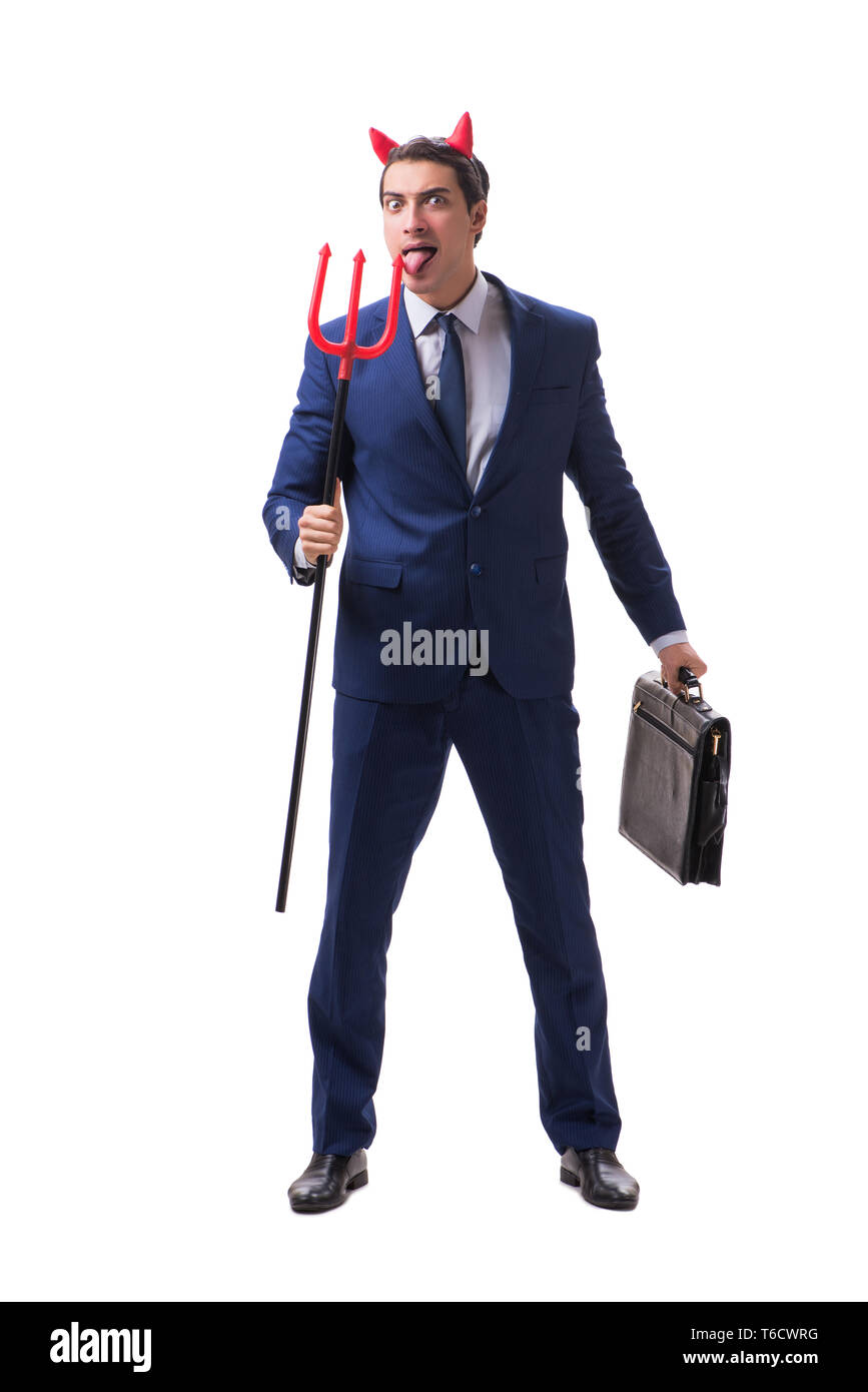 Evil devil businessman with pitchfork isolated on white backgrou Stock ...