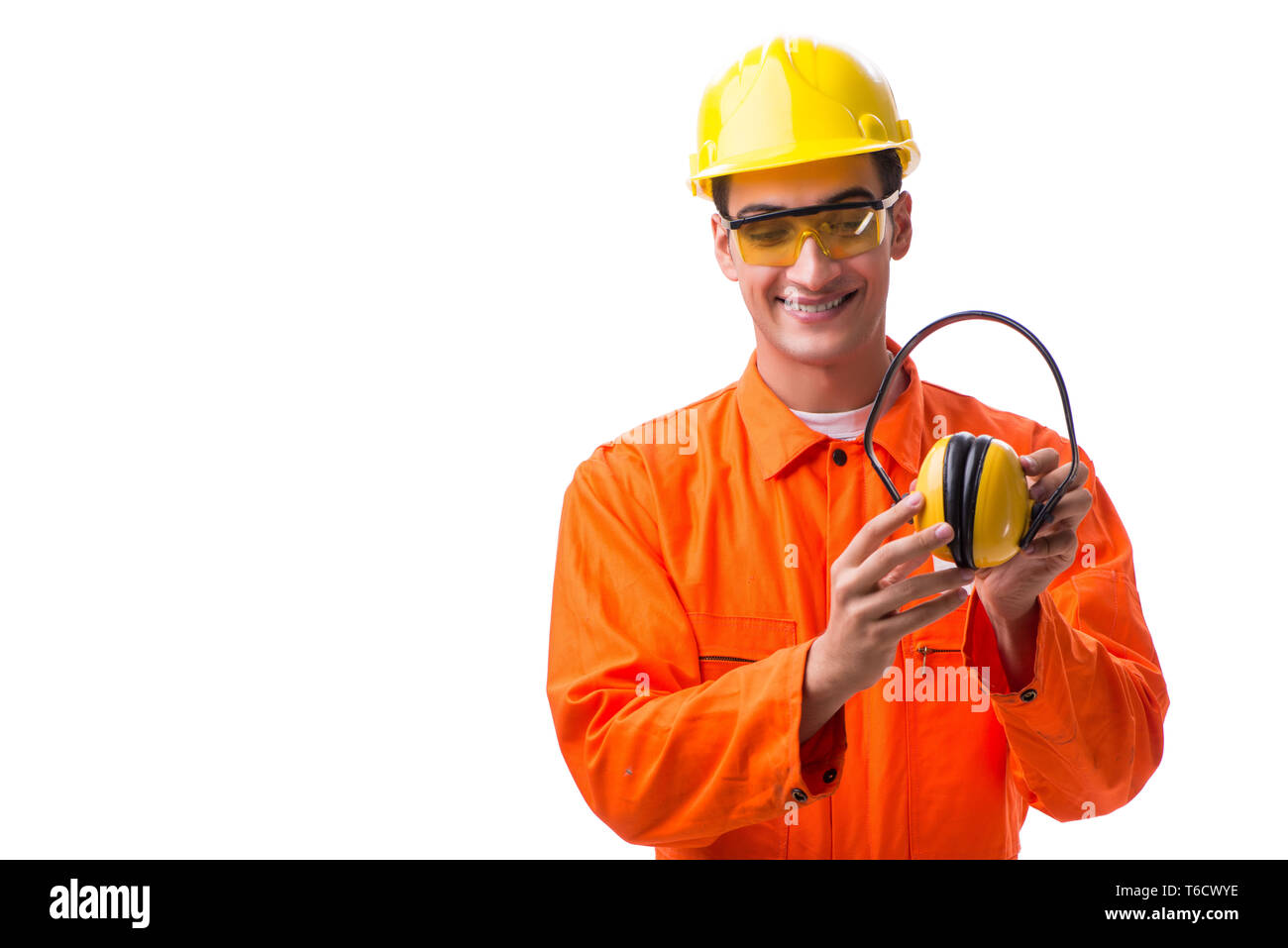 Construction worker with noise cancelling earphones Stock Photo - Alamy