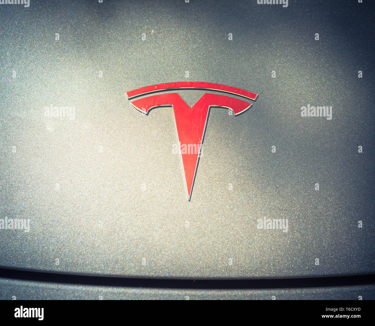 Silver car hood cover with Tesla logo close-up Stock Photo - Alamy