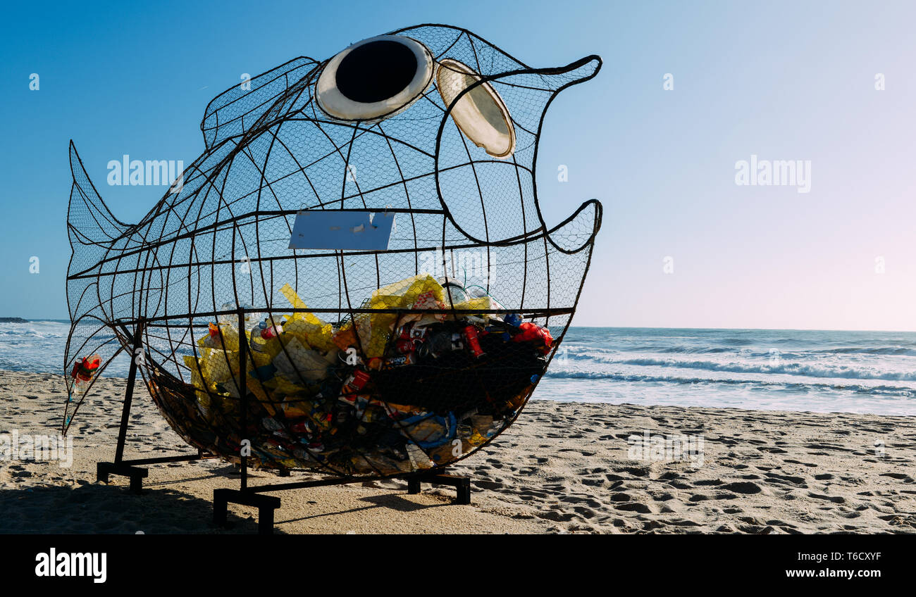 Espinho, Portugal - April 26, 2019: Giant fish shaped trash bin on a ...