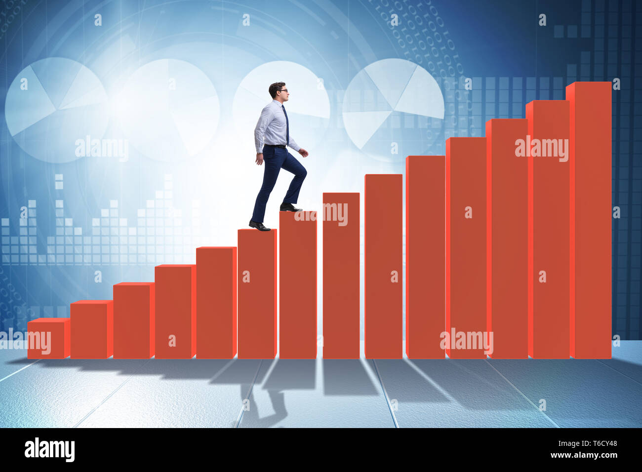 Businessman going up the bar chart in growth concept Stock Photo - Alamy