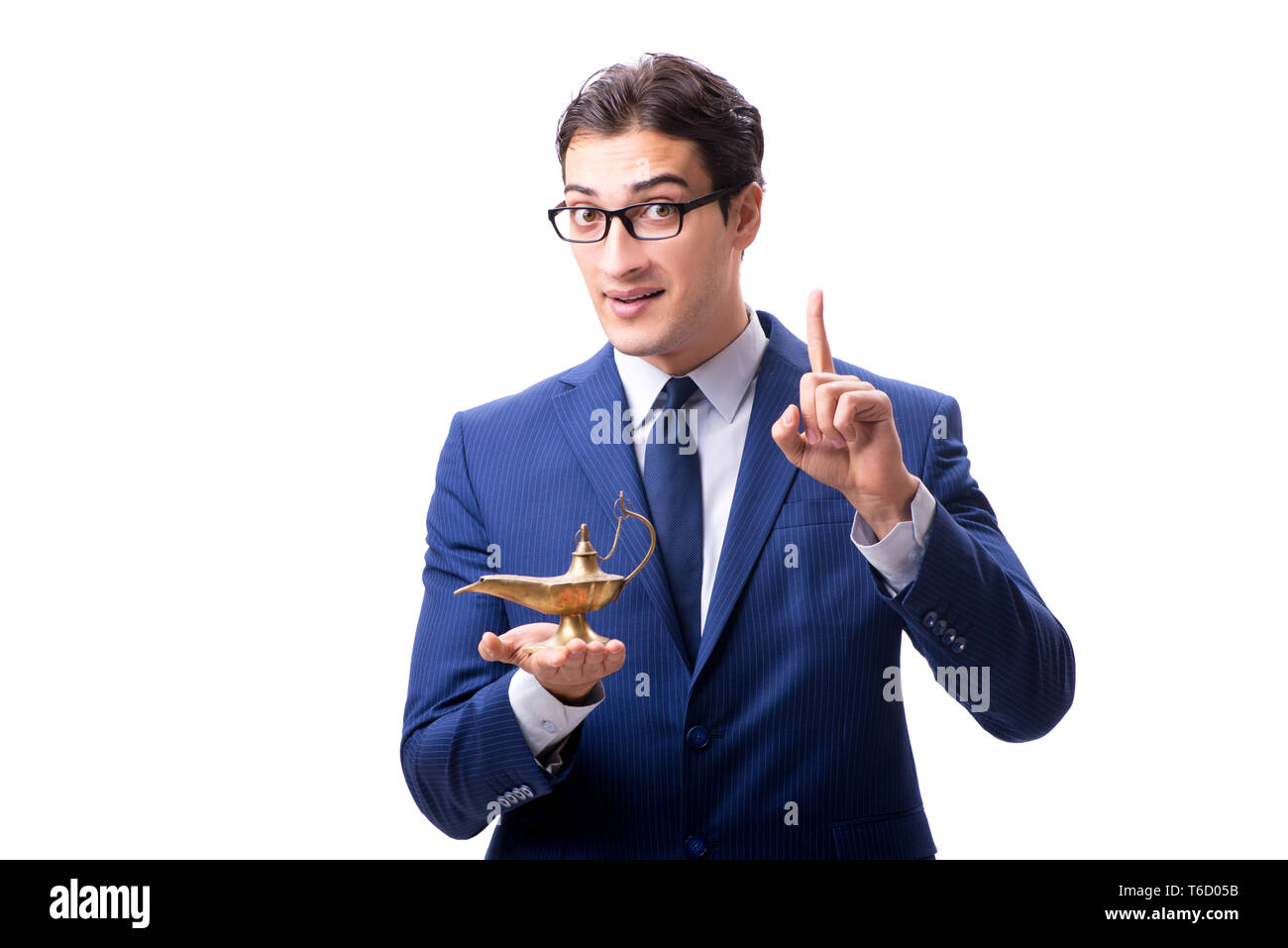 Businessman with magic lamp isolated on white Stock Photo - Alamy
