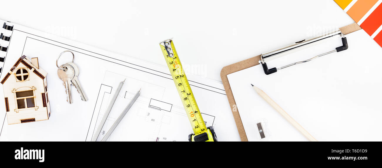 Creative flat lay overhead top view blueprint flat project plan and ...