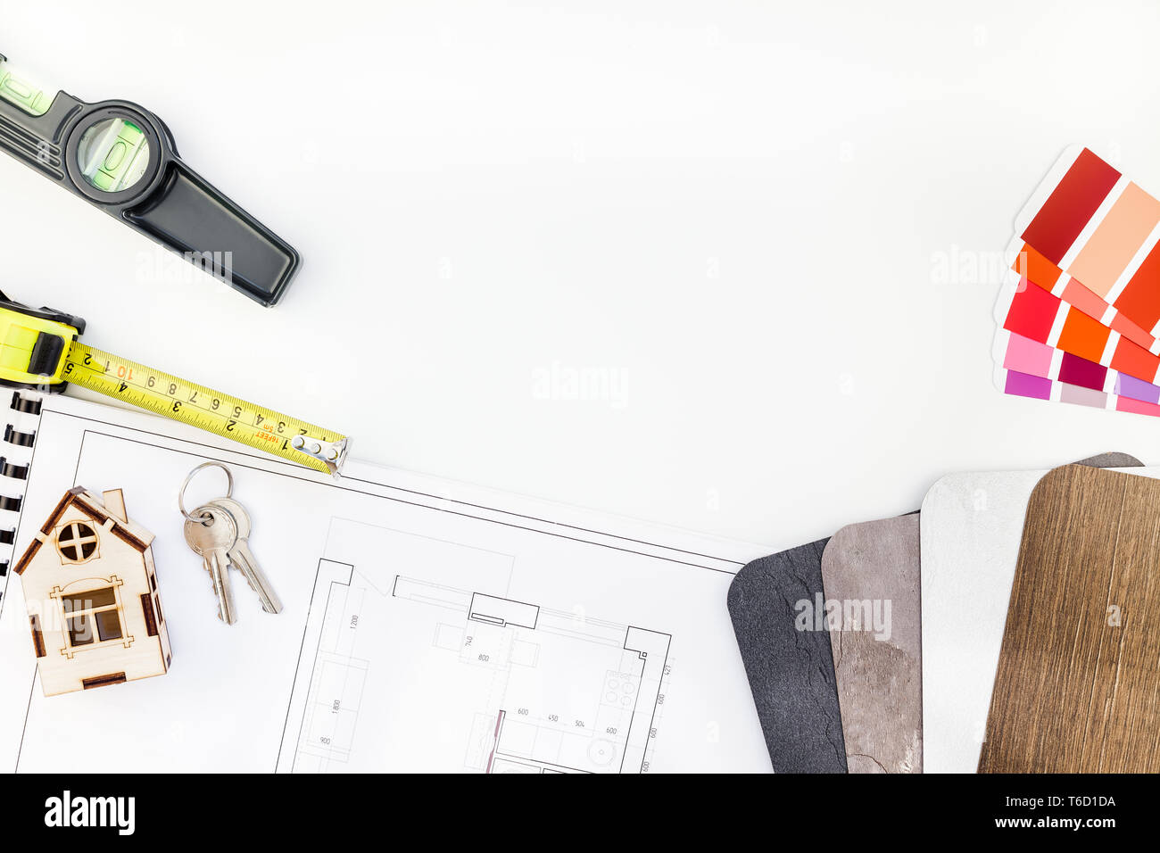 Creative flat lay overhead top view blueprint flat project plan and ...