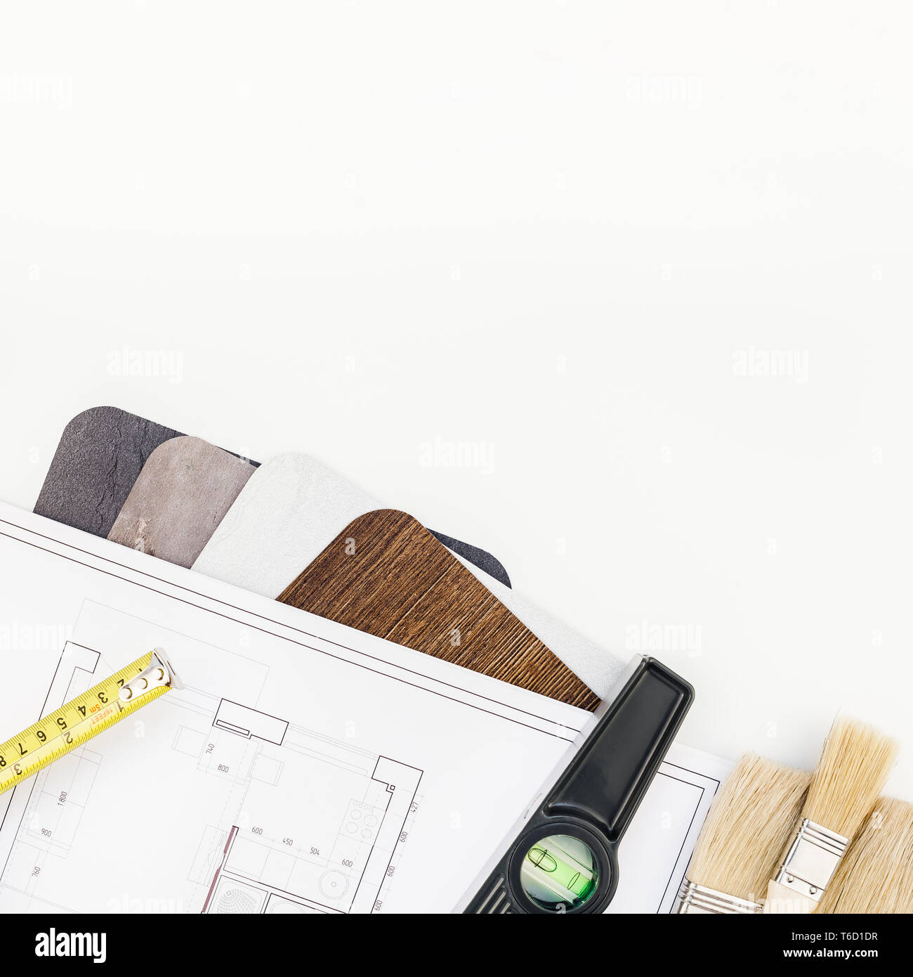 Creative flat lay overhead top view blueprint flat project plan and ...