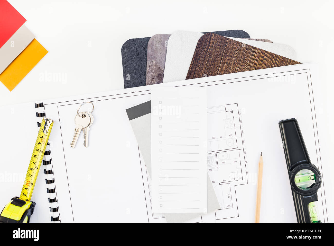 Creative flat lay overhead top view blueprint flat project plan and ...