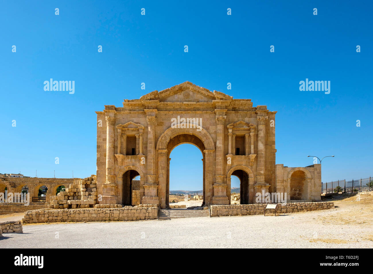Jordan, Jerash Governorate, Jerash. Arch of Hadrian, a triple-arched ...