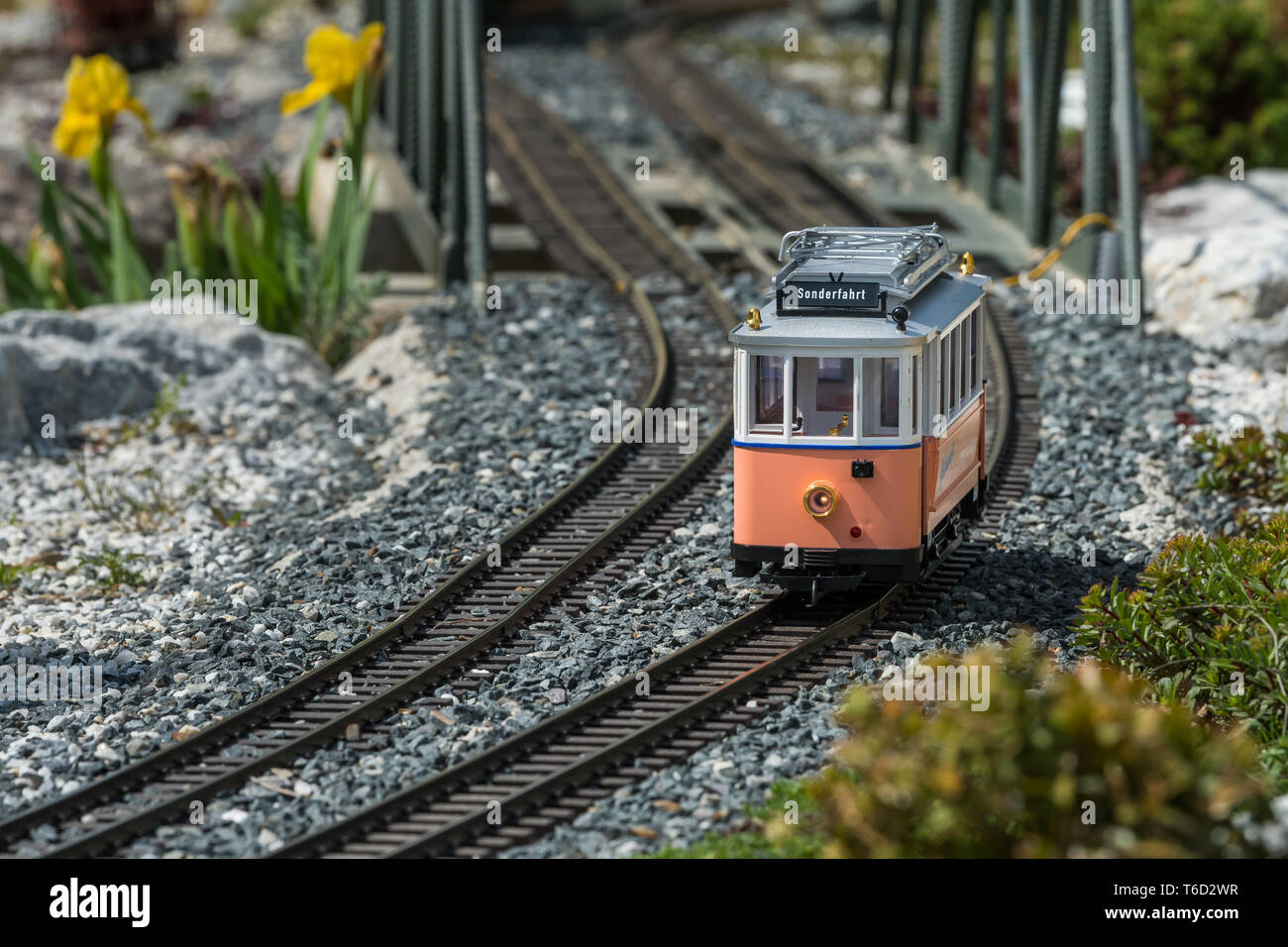 Railway modelling train outdoors on a sunny day, single engine Stock ...
