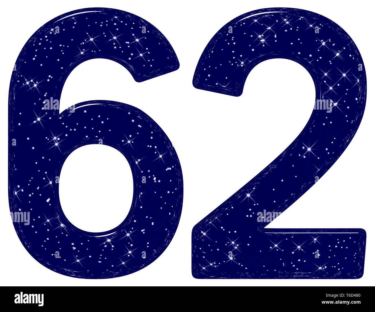 Numeral 62, sixty two, star sky texture imitation, isolated on white ...