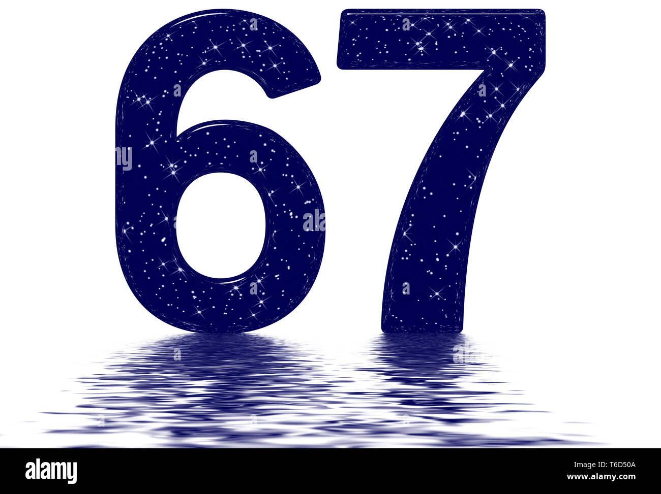 Numeral 67, sixty seven, star sky texture imitation, reflected on the ...