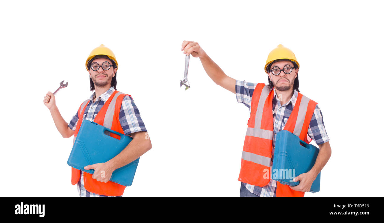 Funny young construction worker with toolbox and wrench isolated Stock ...
