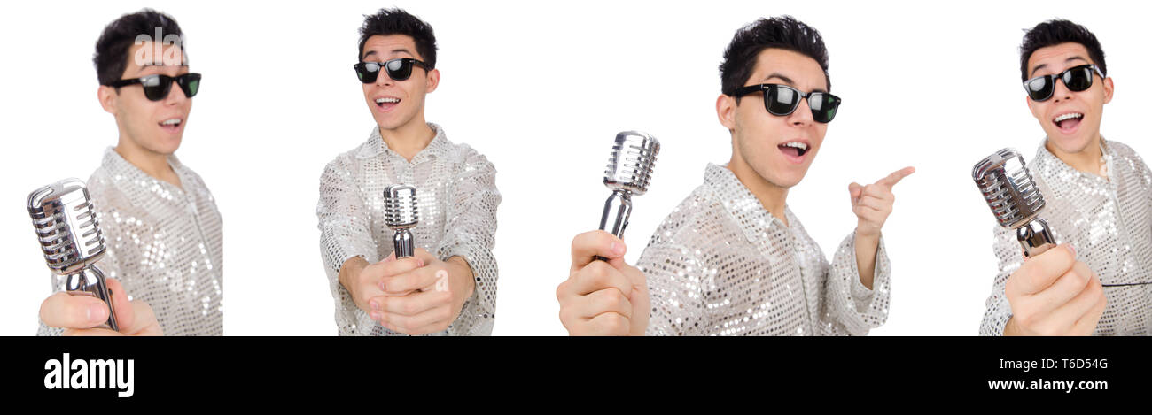 Man with mic isolated on white Stock Photo - Alamy