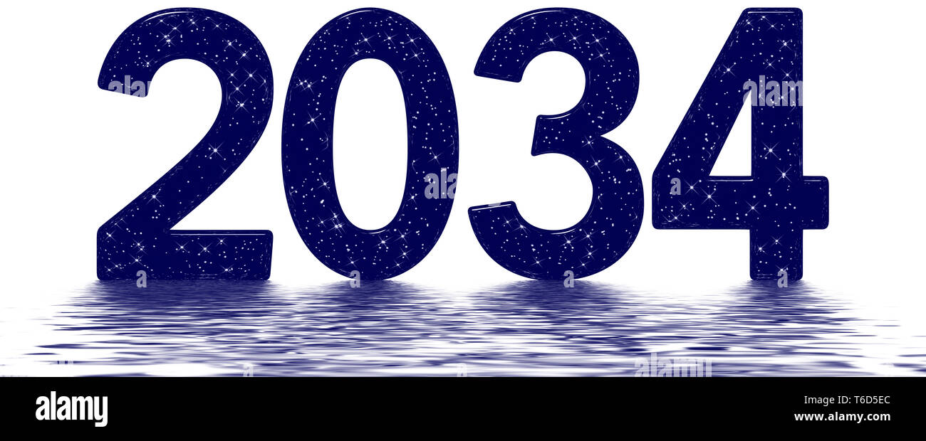 Inscription 2034, star sky texture imitation, reflected on the water ...