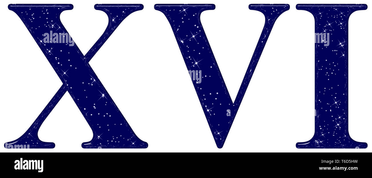 Roman numeral 16, sixteen, star sky texture imitation, isolated on white background, 3d render ...