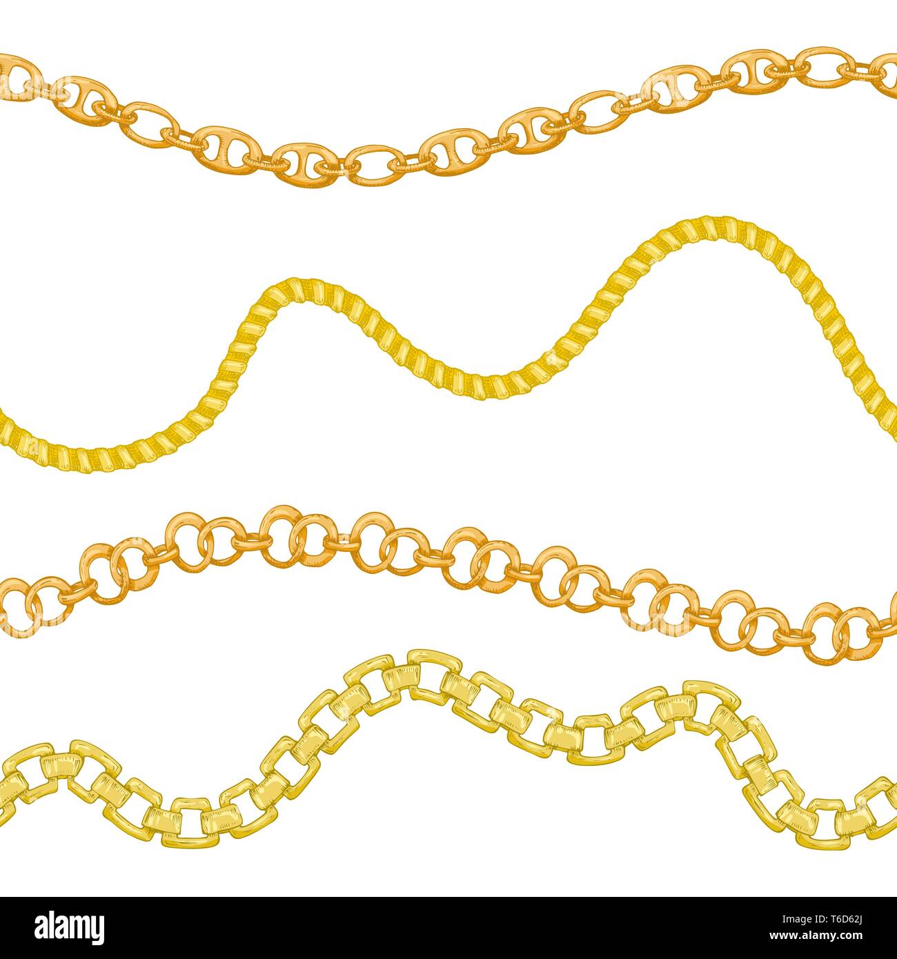 Seamless pattern with retro hand-drawn sketch golden chain on white ...