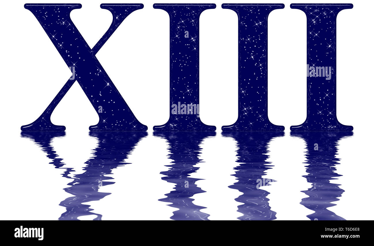Roman numeral 13, thirteen, star sky texture imitation, reflected on ...