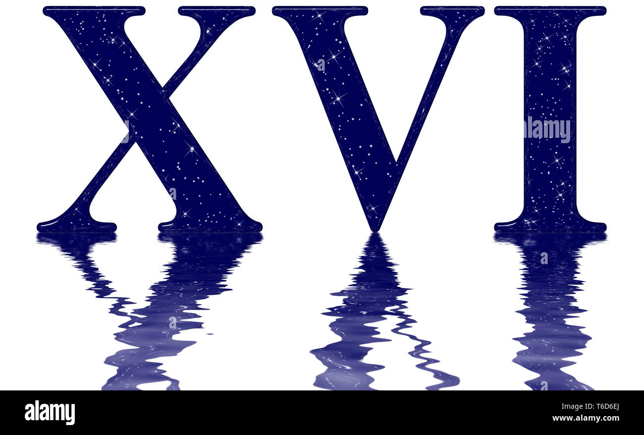 Roman numeral 16, sixteen, star sky texture imitation, reflected on the ...