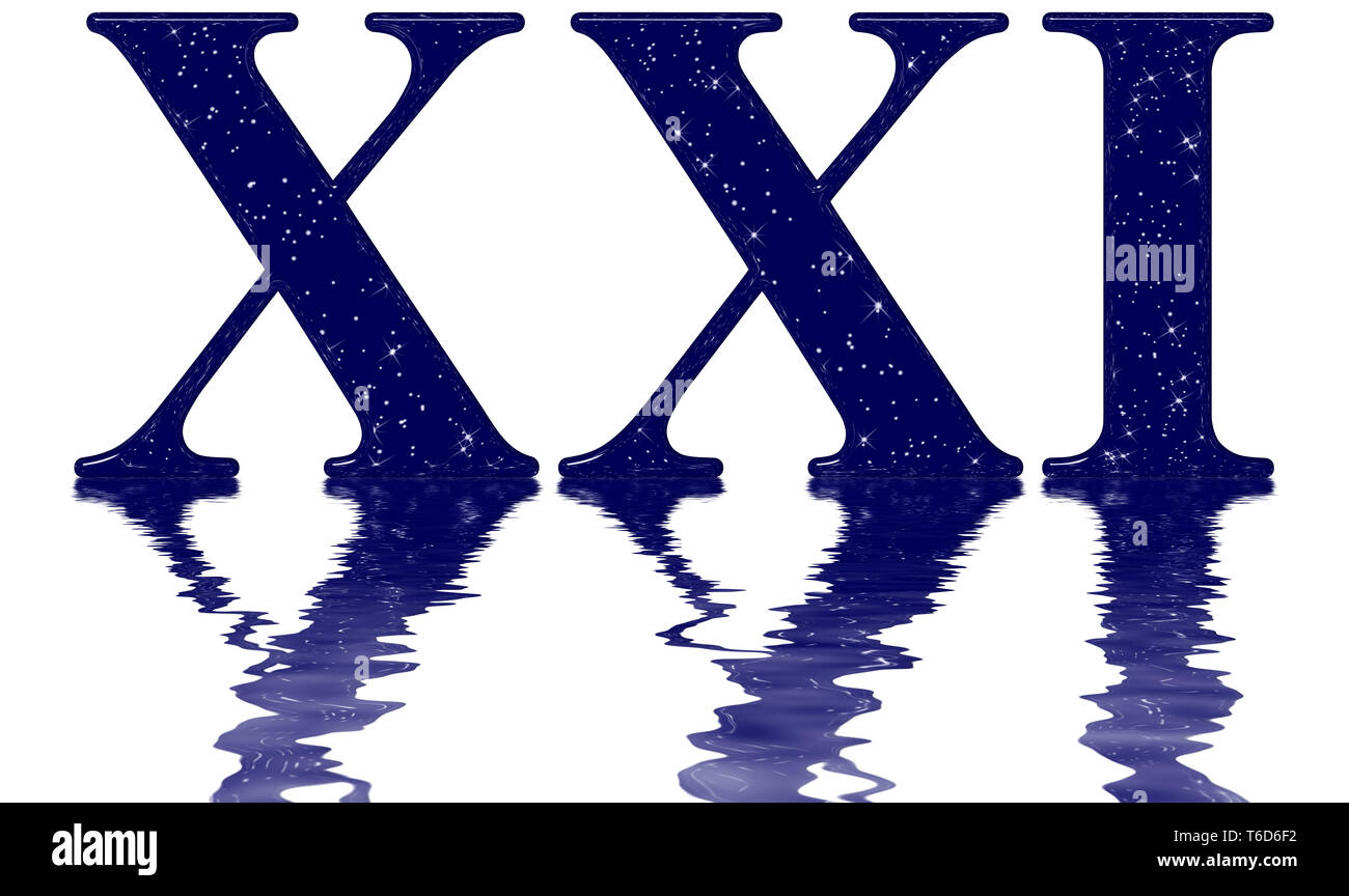 Roman numeral 21, twenty one, star sky texture imitation, reflected on ...