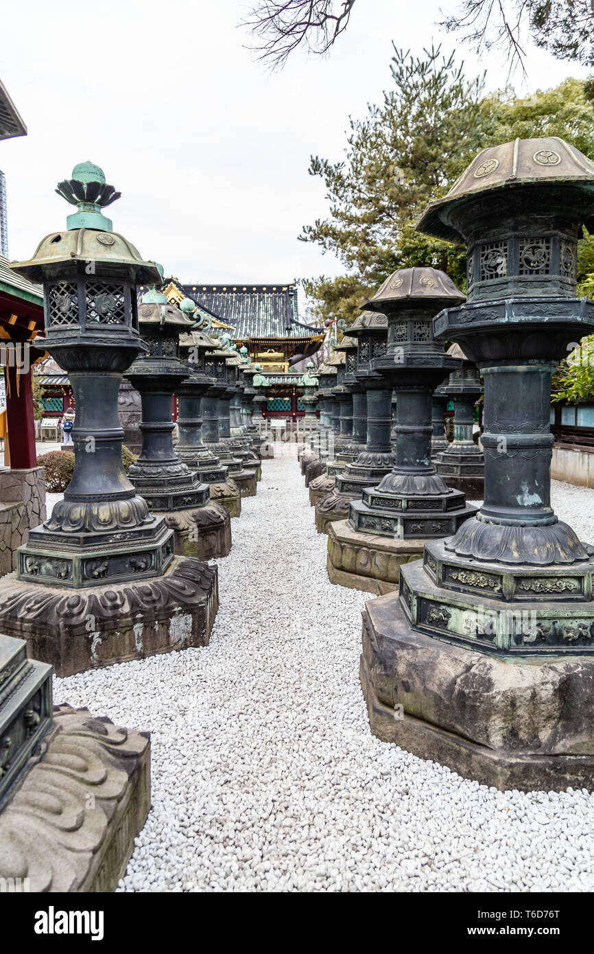 TOKYO, JAPAN - FEBRUARY 8, 2019: Toro stone lanterns at Toshogu Shrine ...