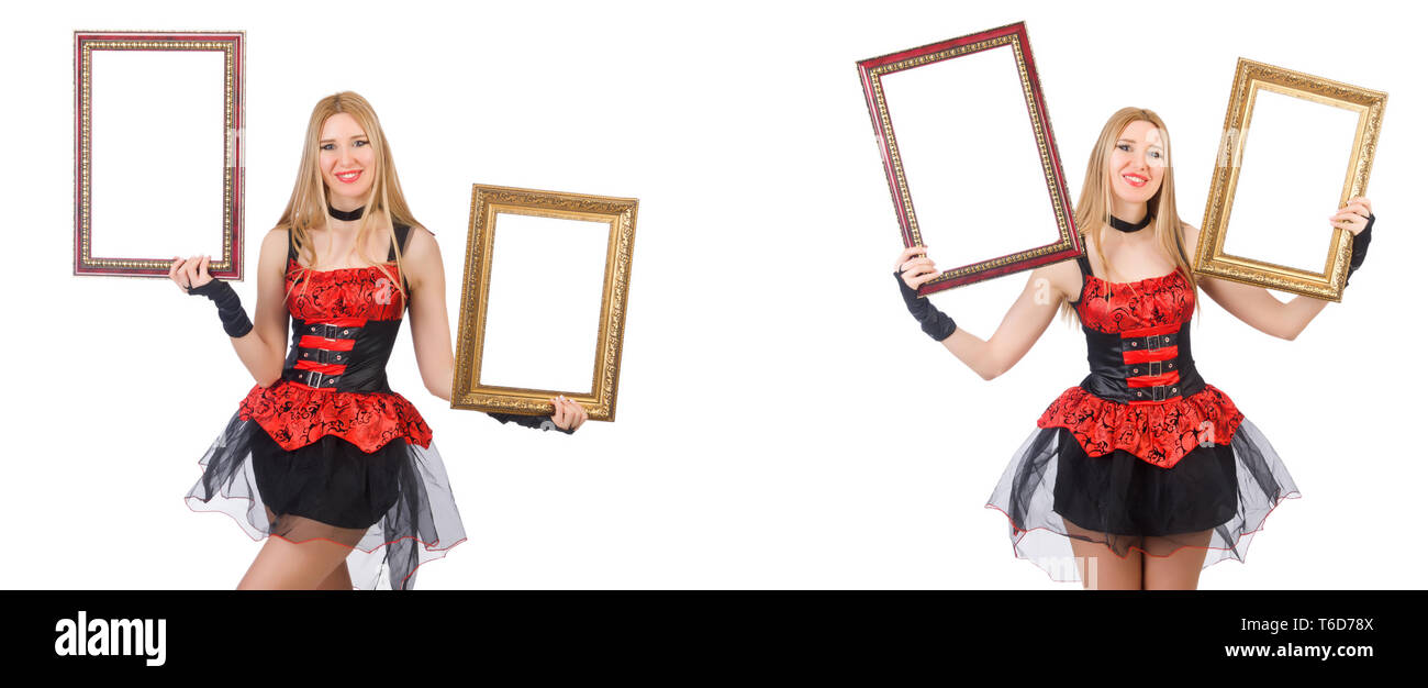 Woman holding picture frame isolated on white Stock Photo - Alamy