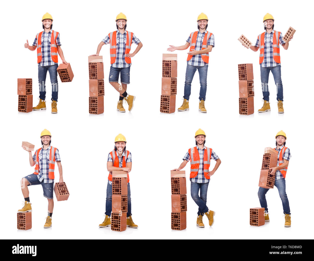 Builder with clay bricks isolated on white Stock Photo - Alamy