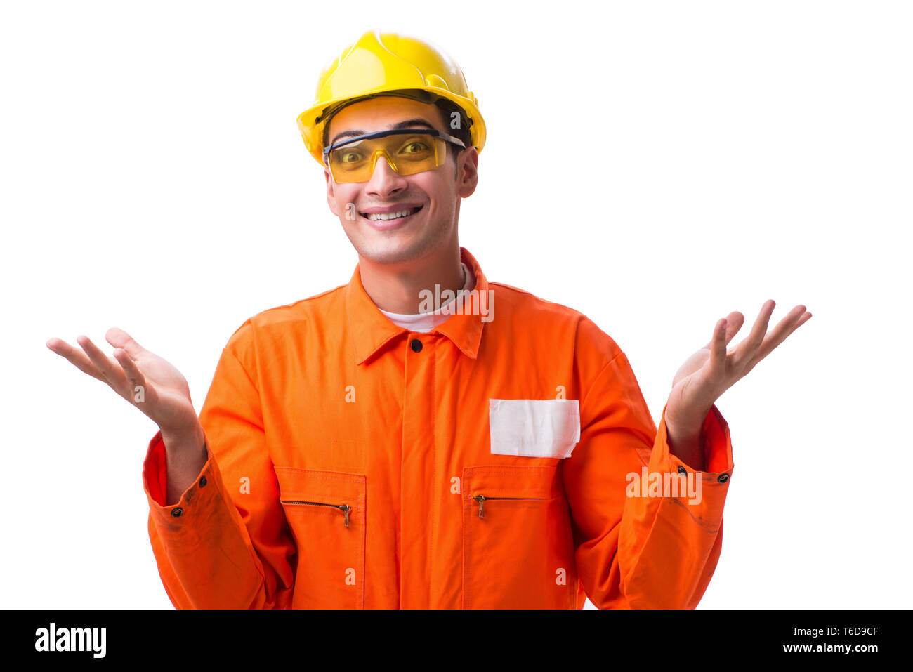 Construction worker wearing hard hat isolated on white Stock Photo - Alamy