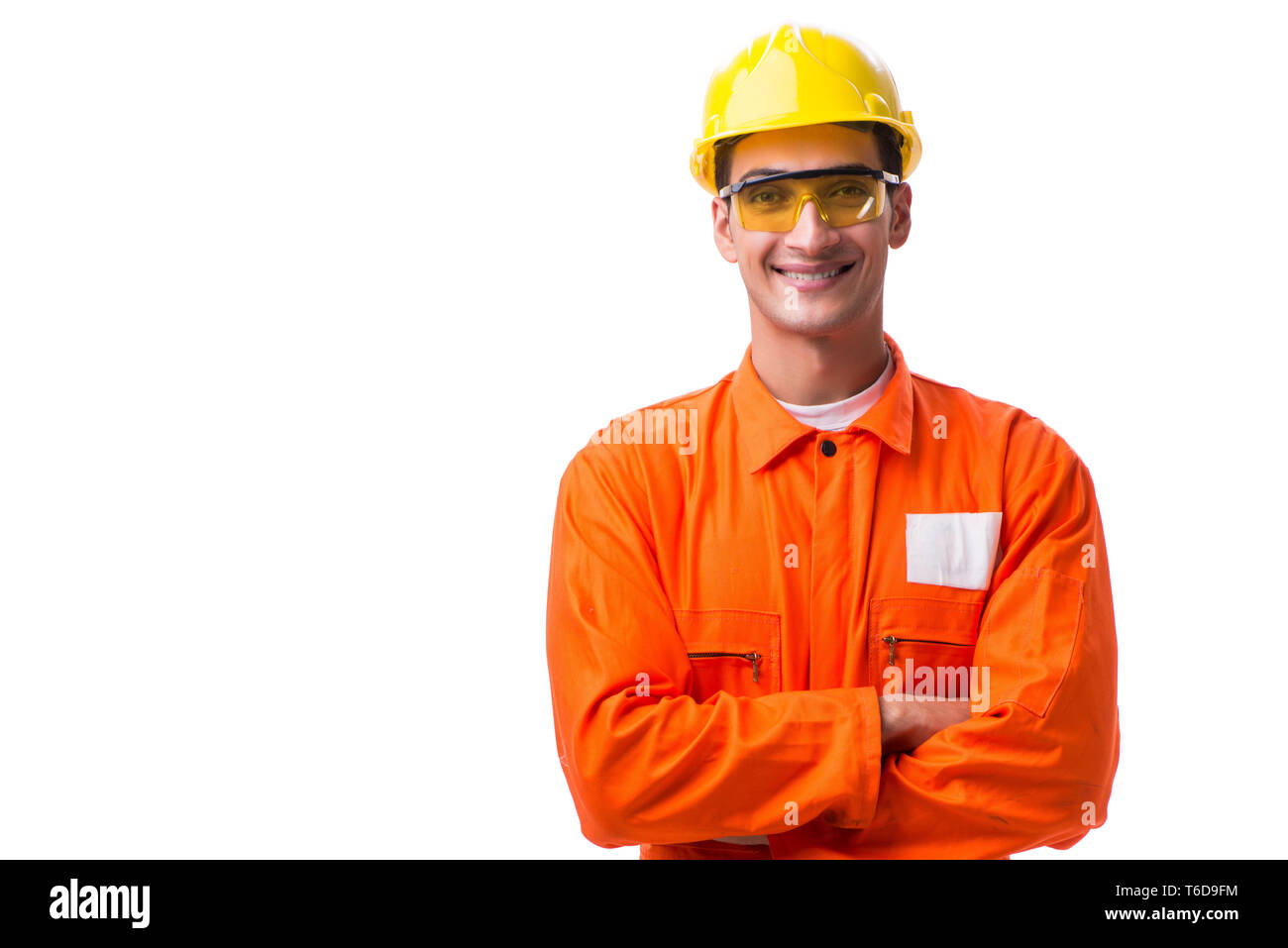 Construction worker wearing hard hat isolated on white Stock Photo - Alamy