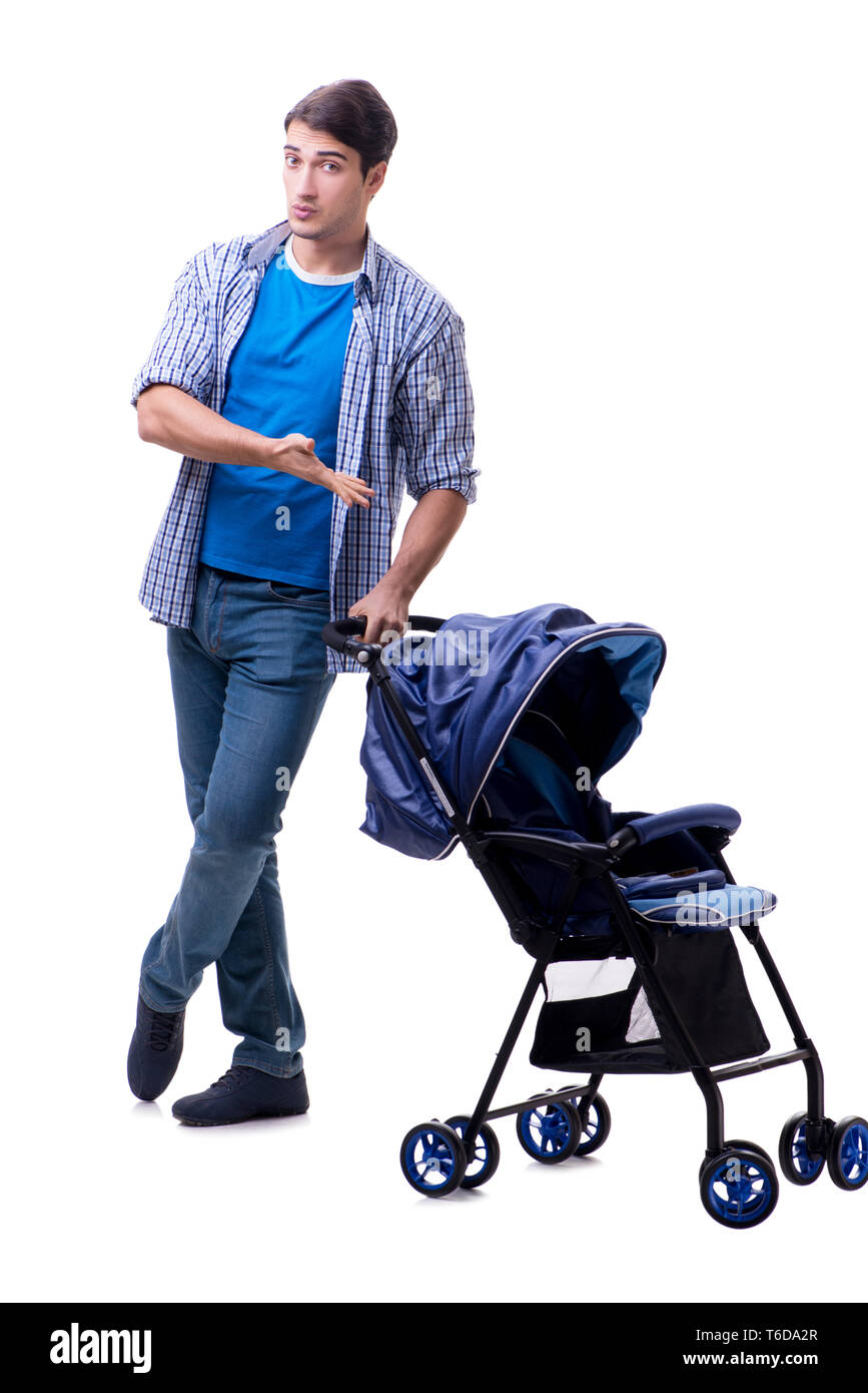 Young dad with baby pram isolated on white Stock Photo - Alamy