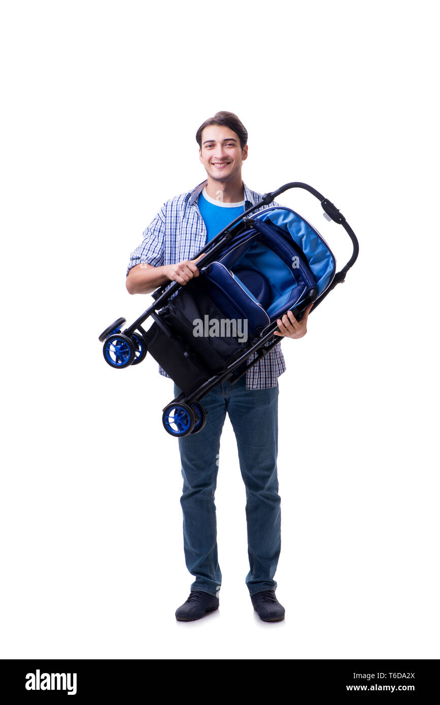 Young dad with baby pram isolated on white Stock Photo - Alamy