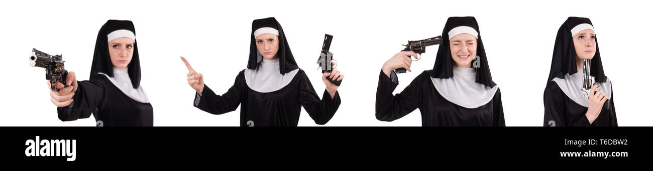 Aiming young nun with gun isolated on white Stock Photo - Alamy