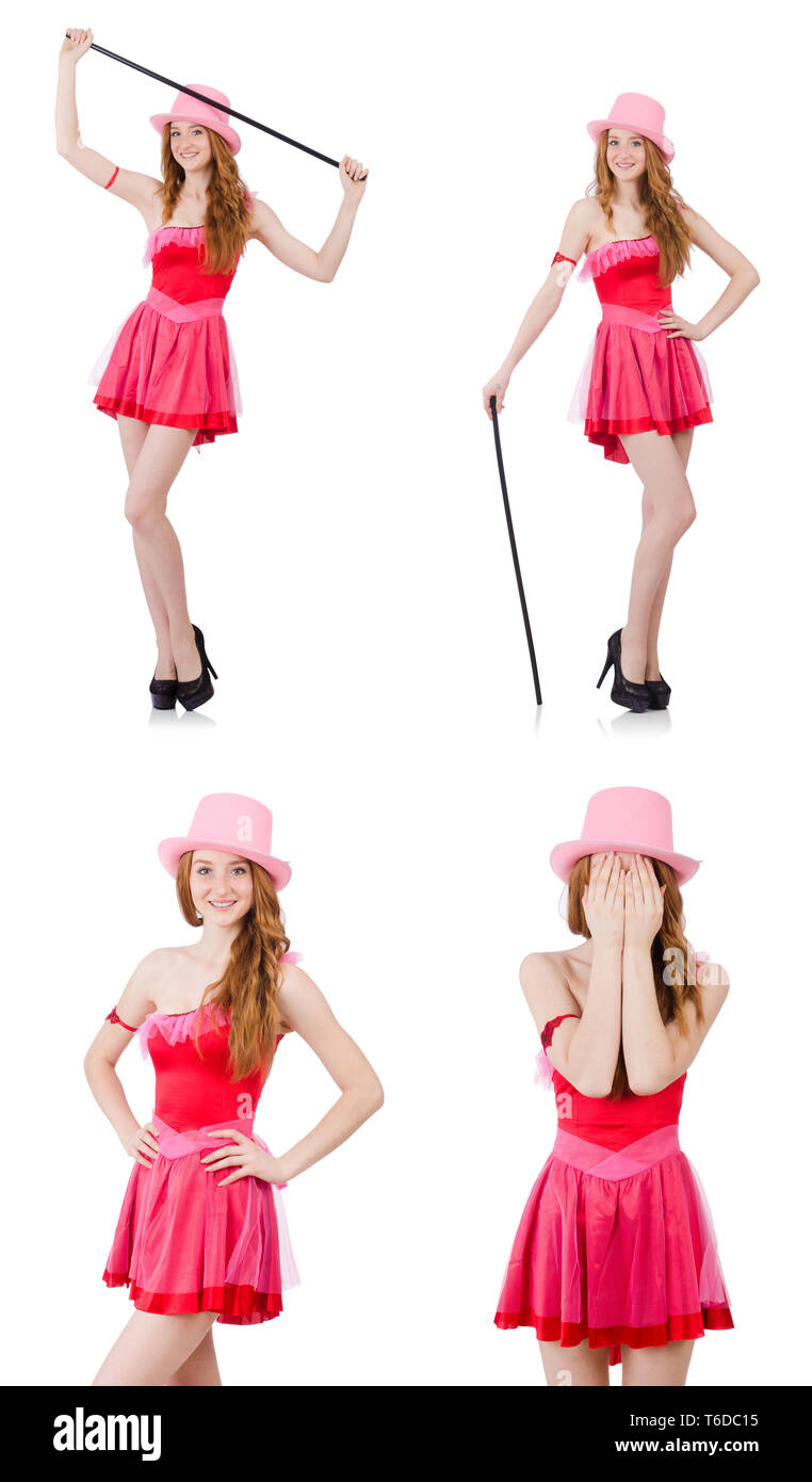 Pretty young wizard in mini pink dress isolated on white Stock Photo ...