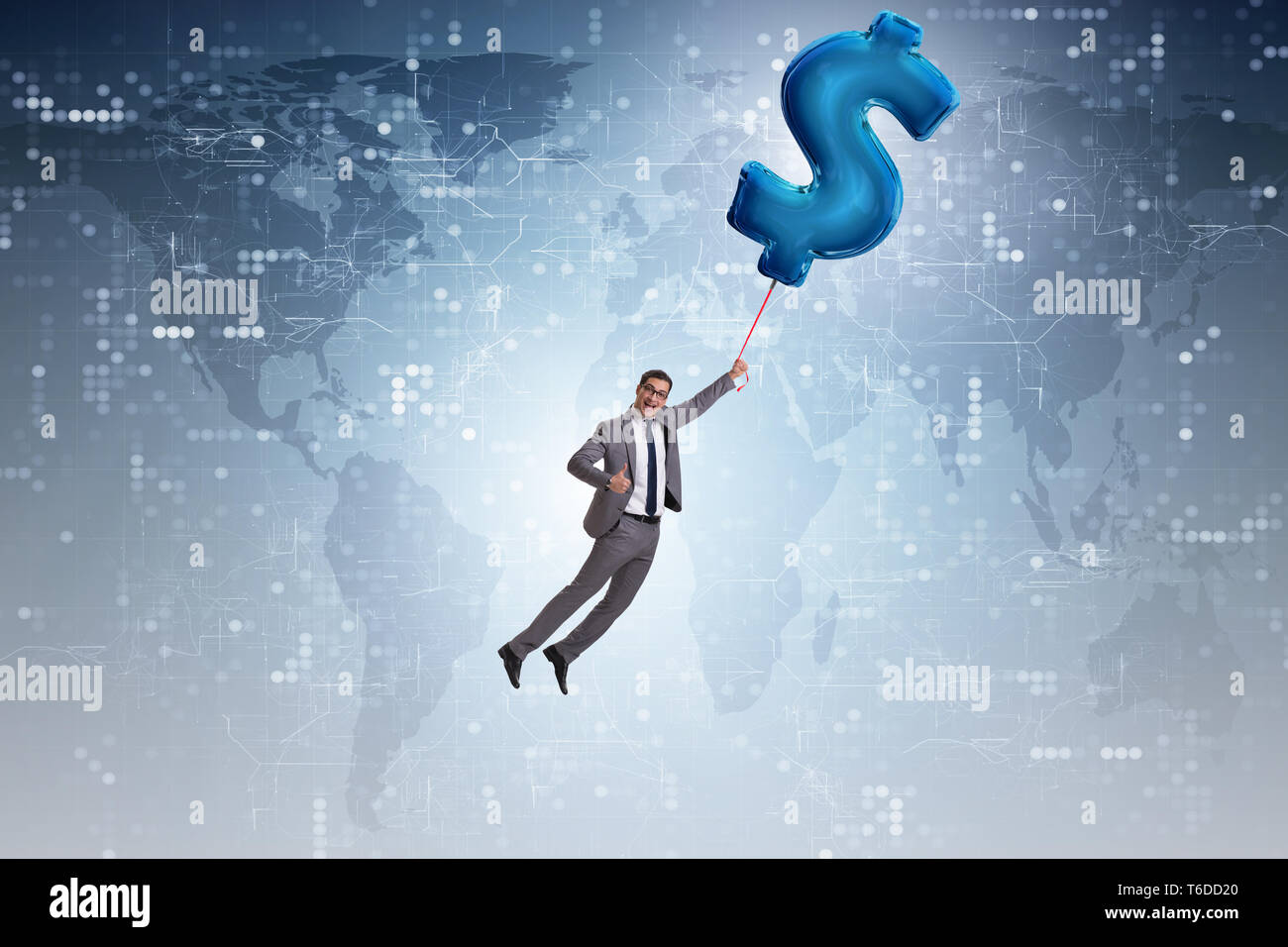 Businessman flying on dollar sign inflatable balloon Stock Photo - Alamy
