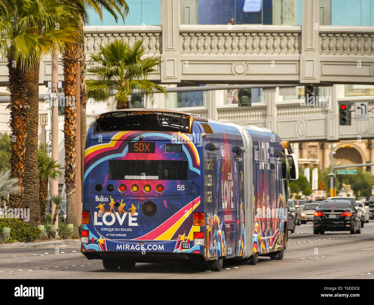 LAS VEGAS, NEVADA, USA - FEBRUARY 2019: Express bus travelling on Las ...