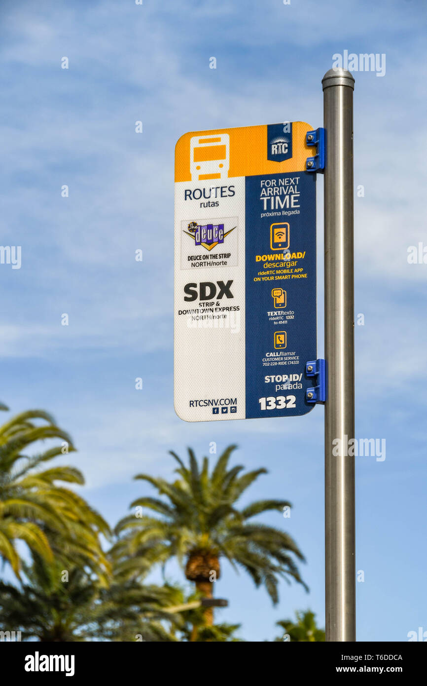 LAS VEGAS, NEVADA, USA - FEBRUARY 2019: Sign at bus stop on Las Vegas ...
