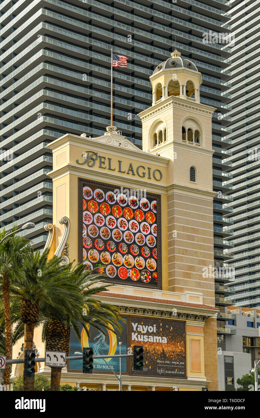 LAS VEGAS, NV, USA - FEBRUARY 2019: Large sign outside the Bellagio ...