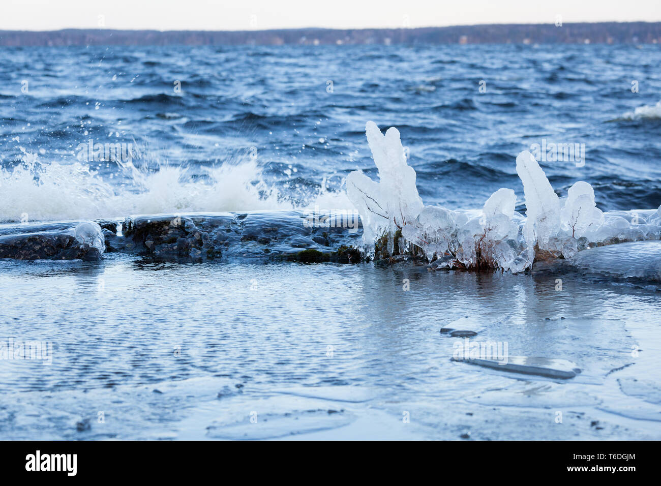 Ice frozen over rocks in lake shore Stock Photo - Alamy