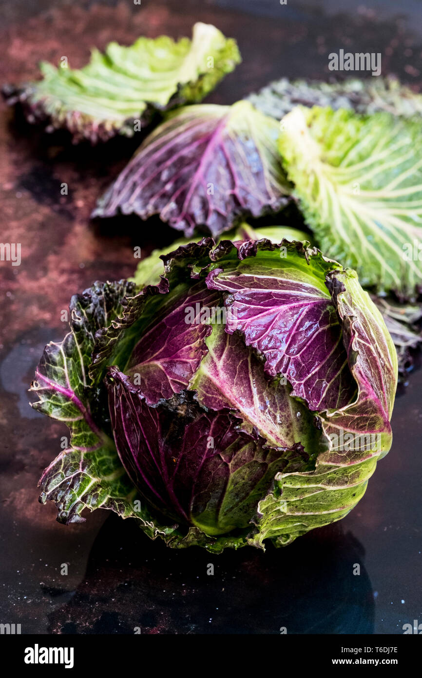 Still life, a fresh round red and green savoy cabbage Stock Photo - Alamy