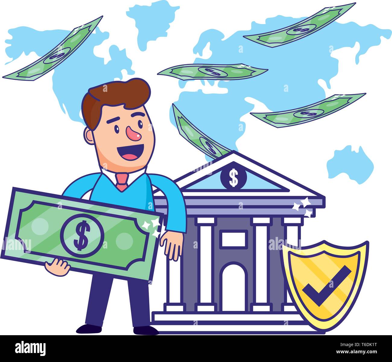 saving money finance business executive man with bank elements cartoon ...