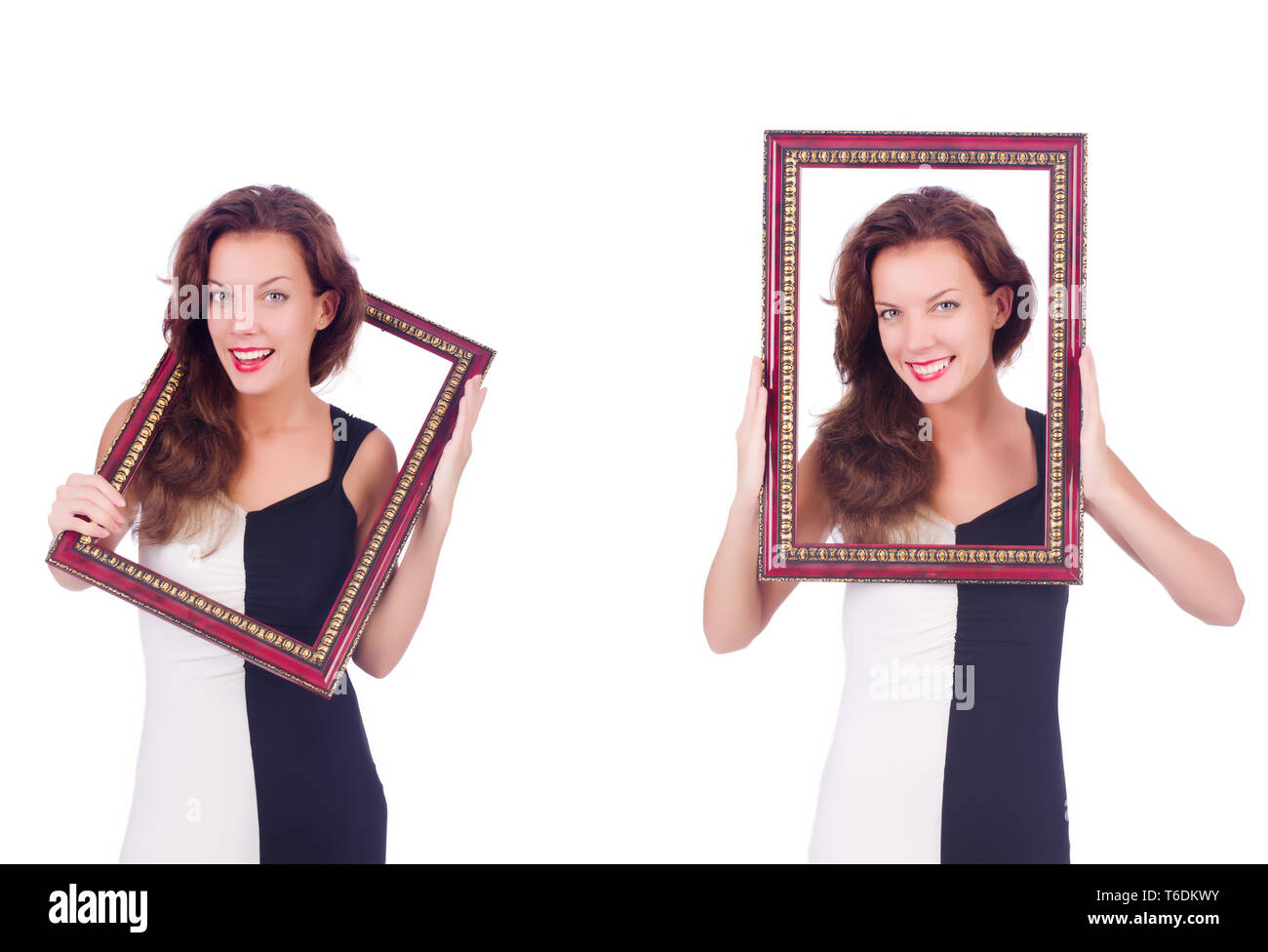 Woman with picture frame on white Stock Photo - Alamy