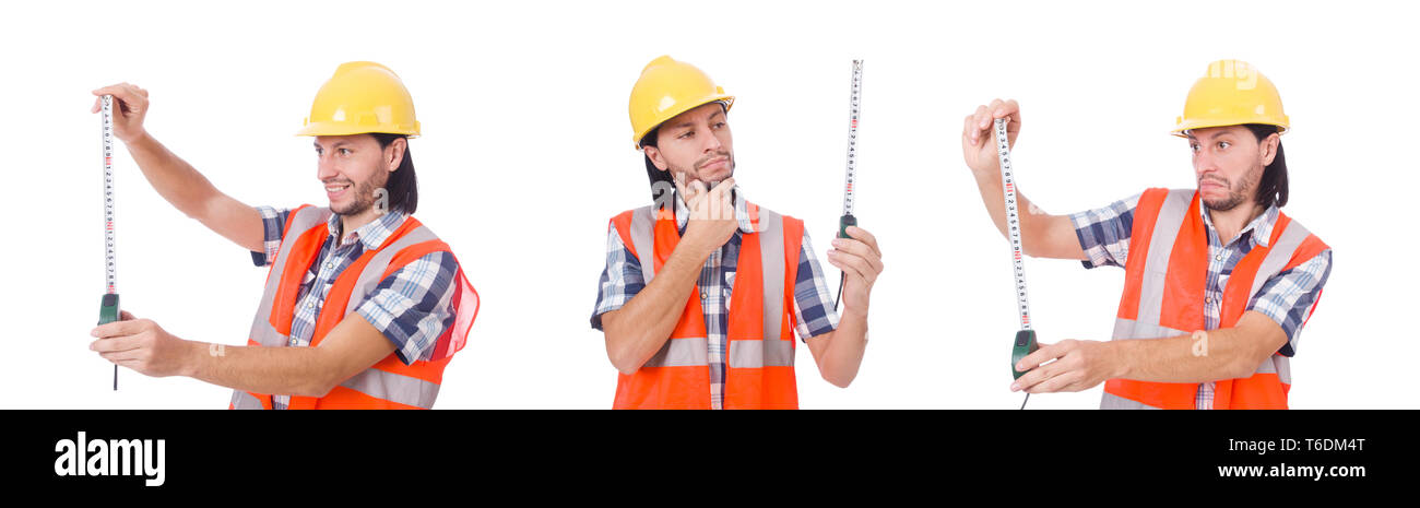 Construction worker with tape-line isolated on white Stock Photo - Alamy