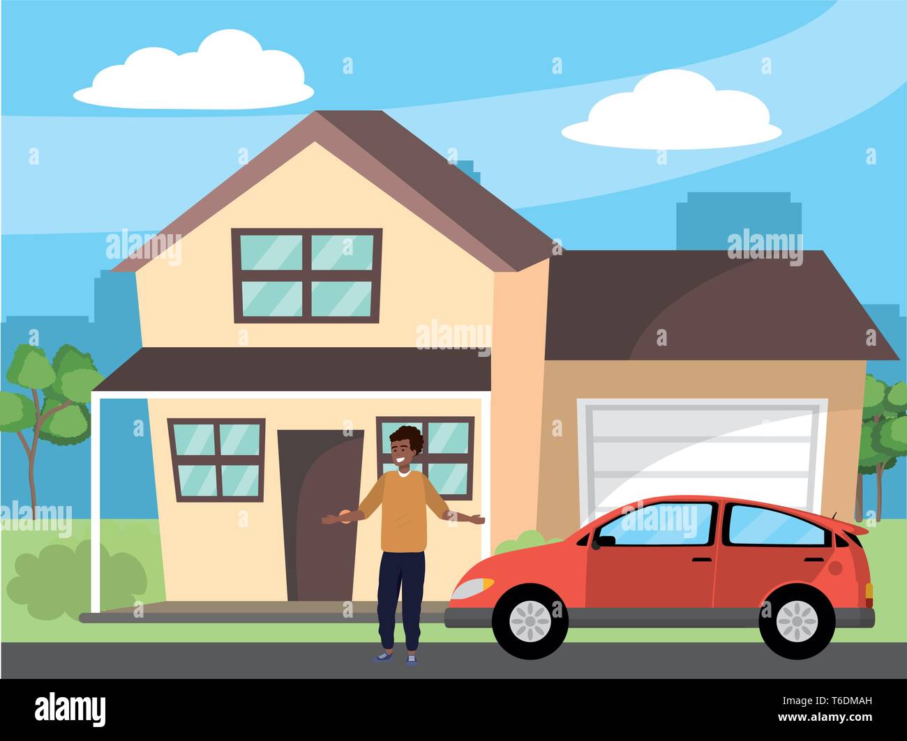 Millenial in house front porch smiling confidently happy posing ...