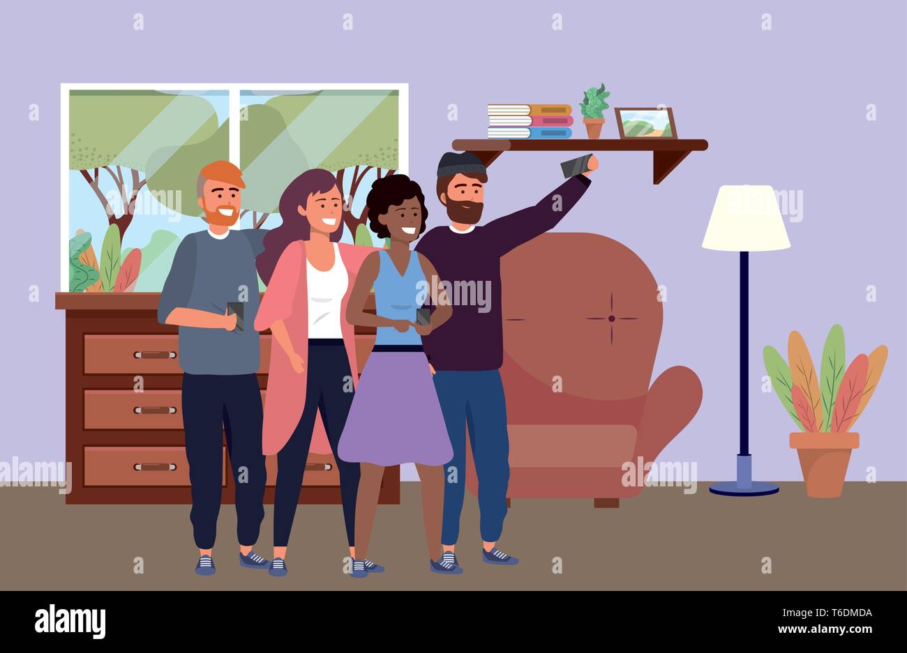 Millennial group using smartphone taking selfie posing together smiling ...