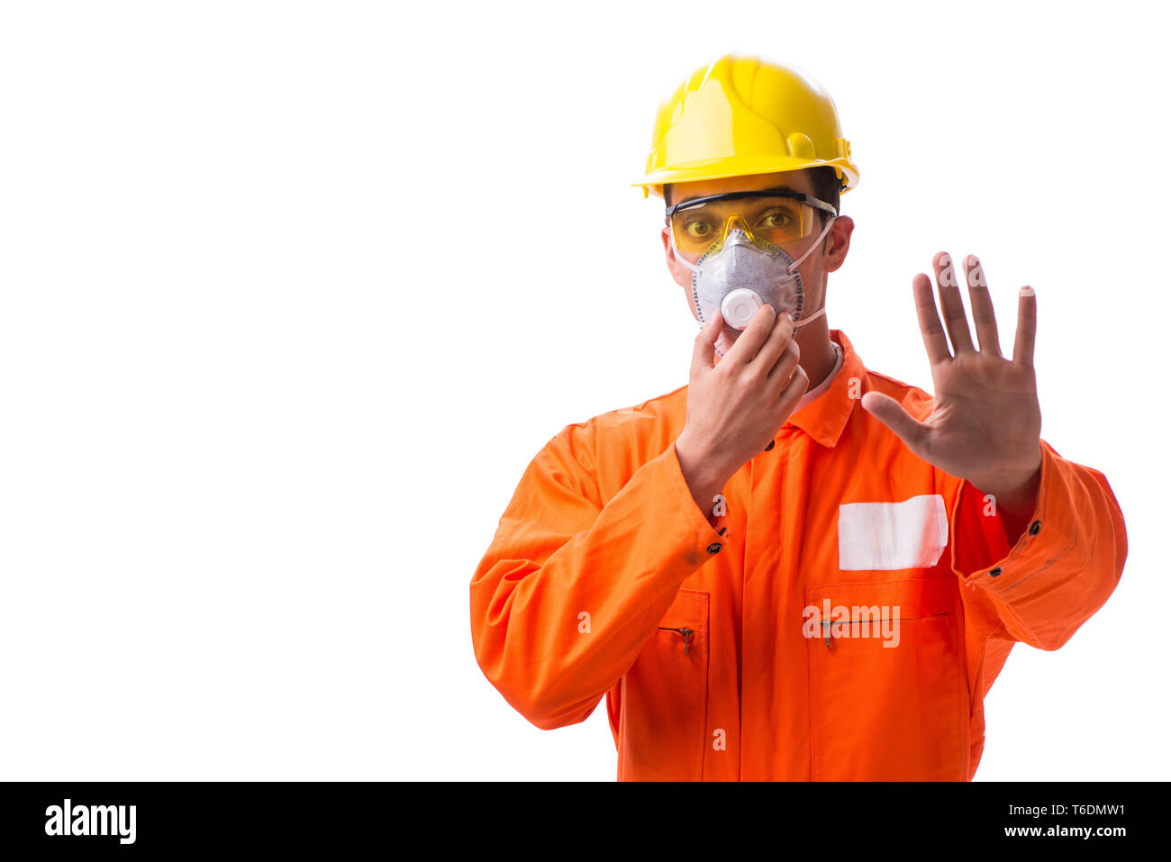 Construction worker with protective mask isolated on white Stock Photo ...