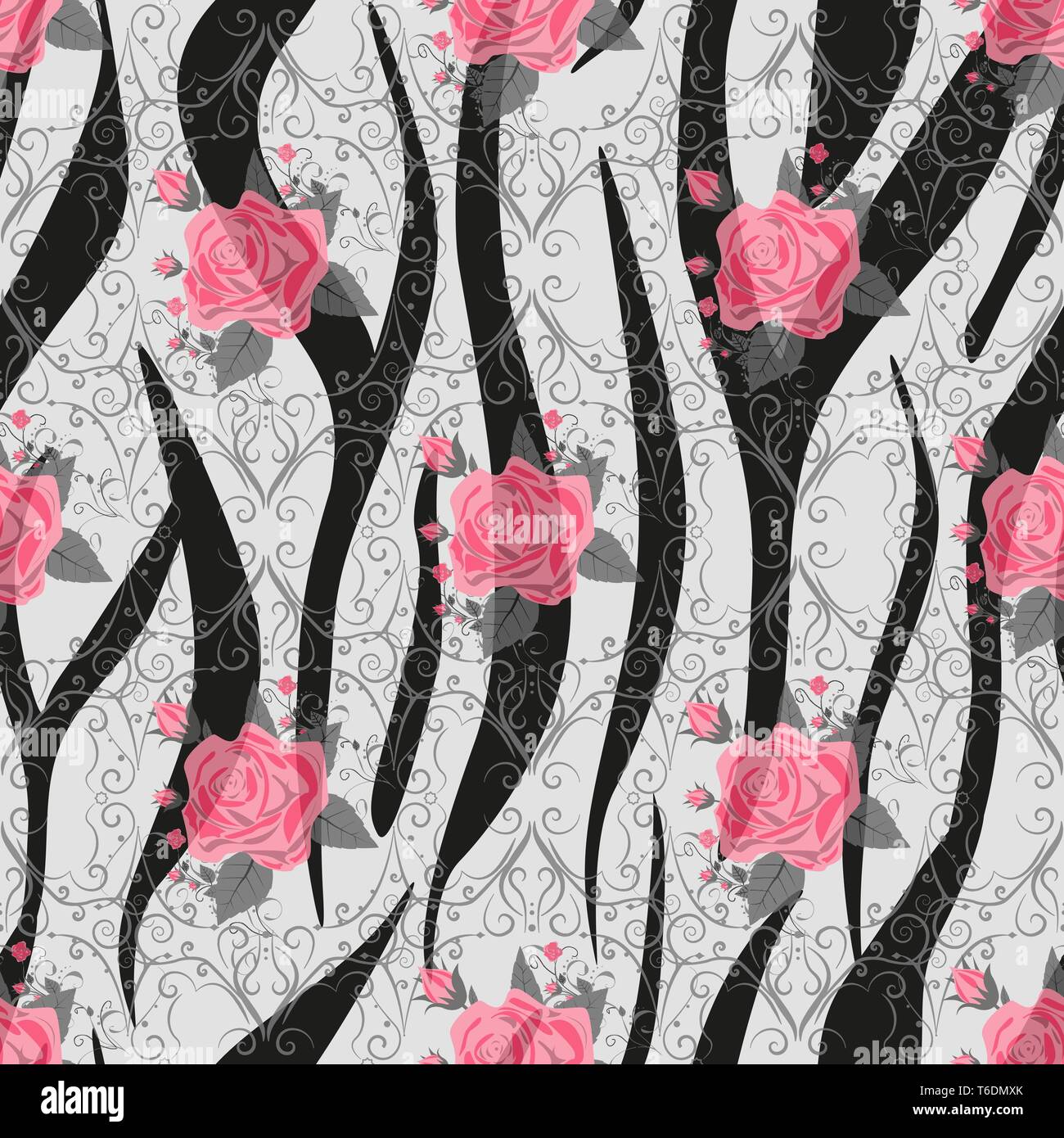 Zebra Stripes with red rose Flowers Seamless Pattern. Zebra print ...