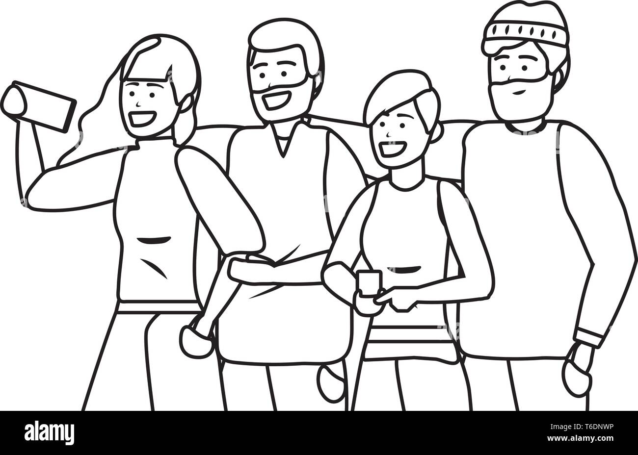 Millennial group using smartphone taking selfie posing together smiling ...