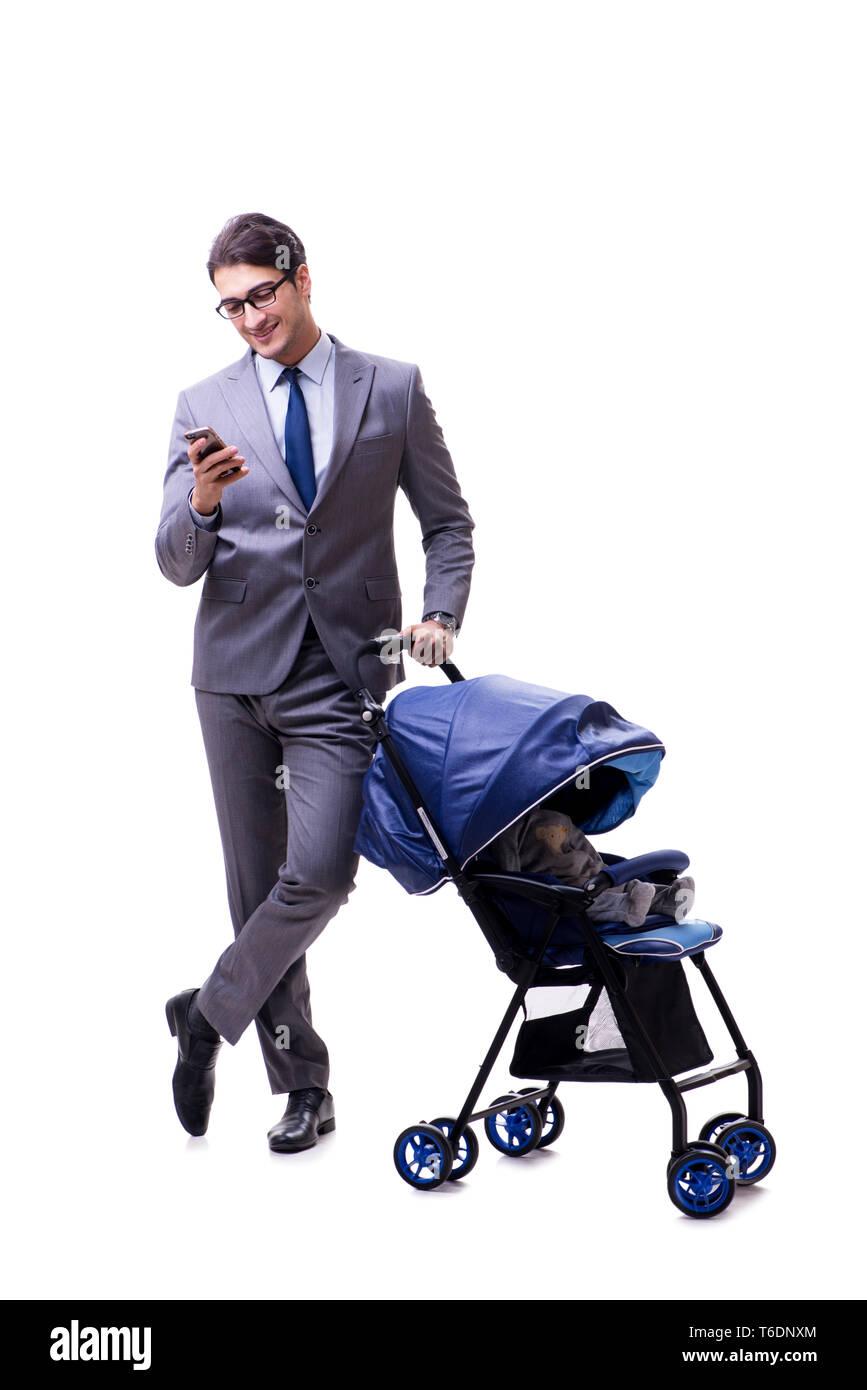 Young dad businessman with baby pram isolated on white Stock Photo - Alamy